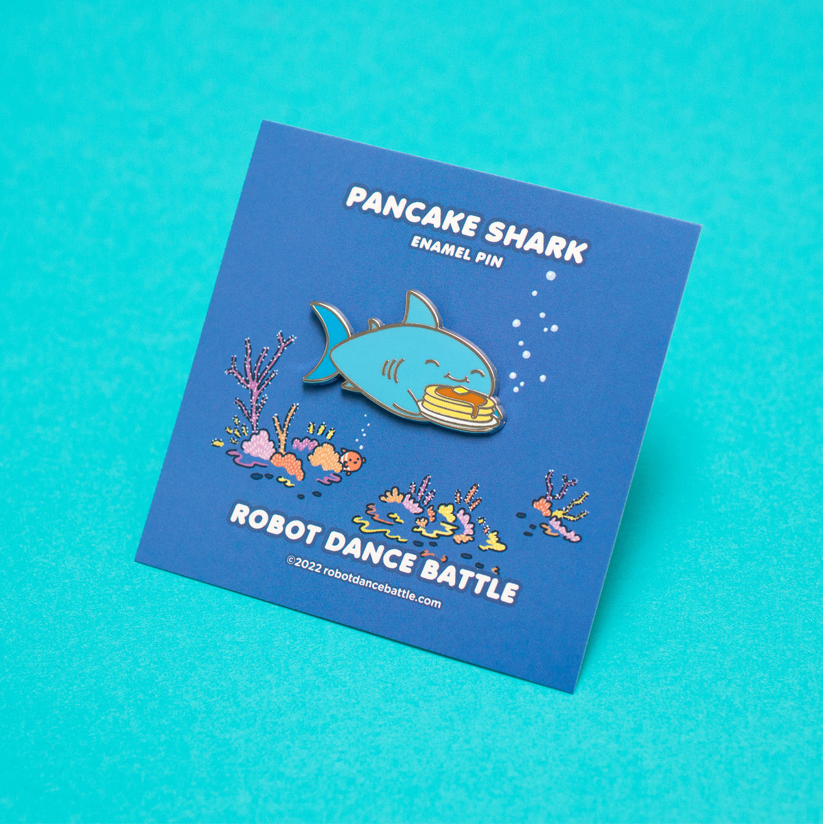 Shark Friends! – Pancake Shark Enamel Pin – Robot Dance Battle